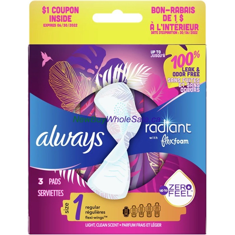 Always Radiant Size 1 or 2 Regular With Flexi-Wings Light, Clean Scent ...